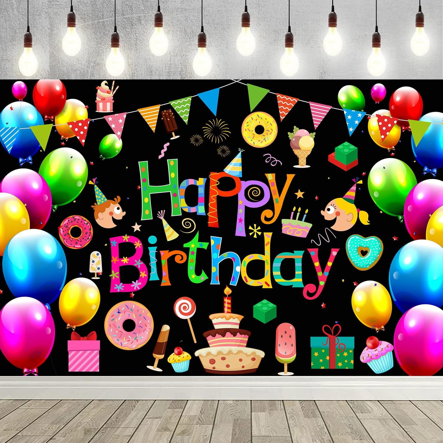 Black Colorful Happy Birthday Party Backdrops Cloth Colorful Balloons ...