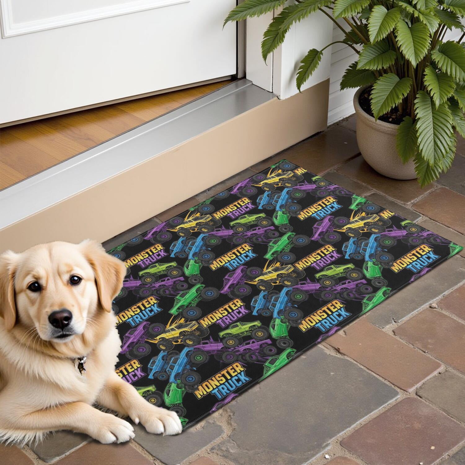 Black Colorful Monster Cartoon Trucks Pattern Door Rugs,Washable Non ...