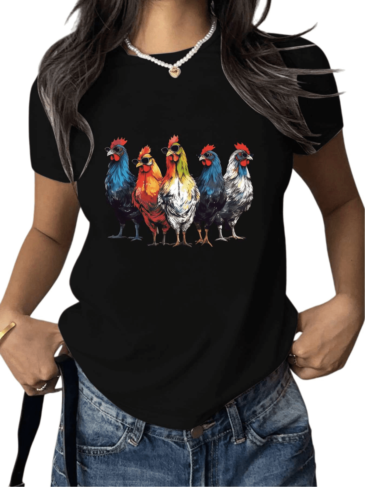 Black Colorful Roosters Graphic T-Shirt Fun Farm Animal Aesthetic ...