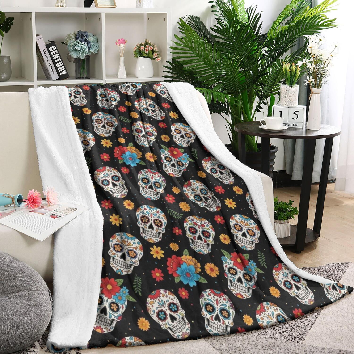 Black Colorful Skull Flower Pattern Blanket,Comfortable Soft Lamb Wool ...