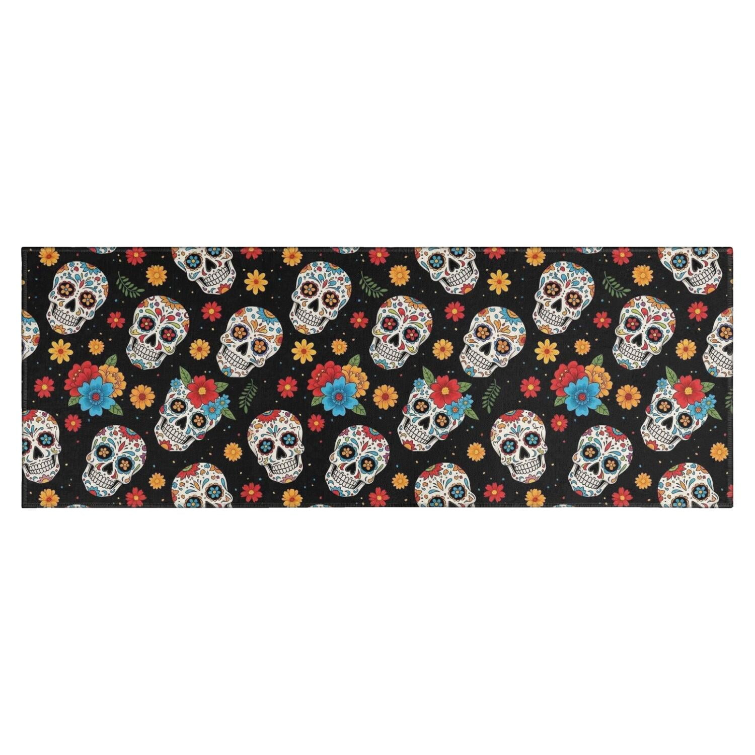 Black Colorful Skull Flower Pattern Kitchen Rug Mat,Kitchen Runner Rugs ...