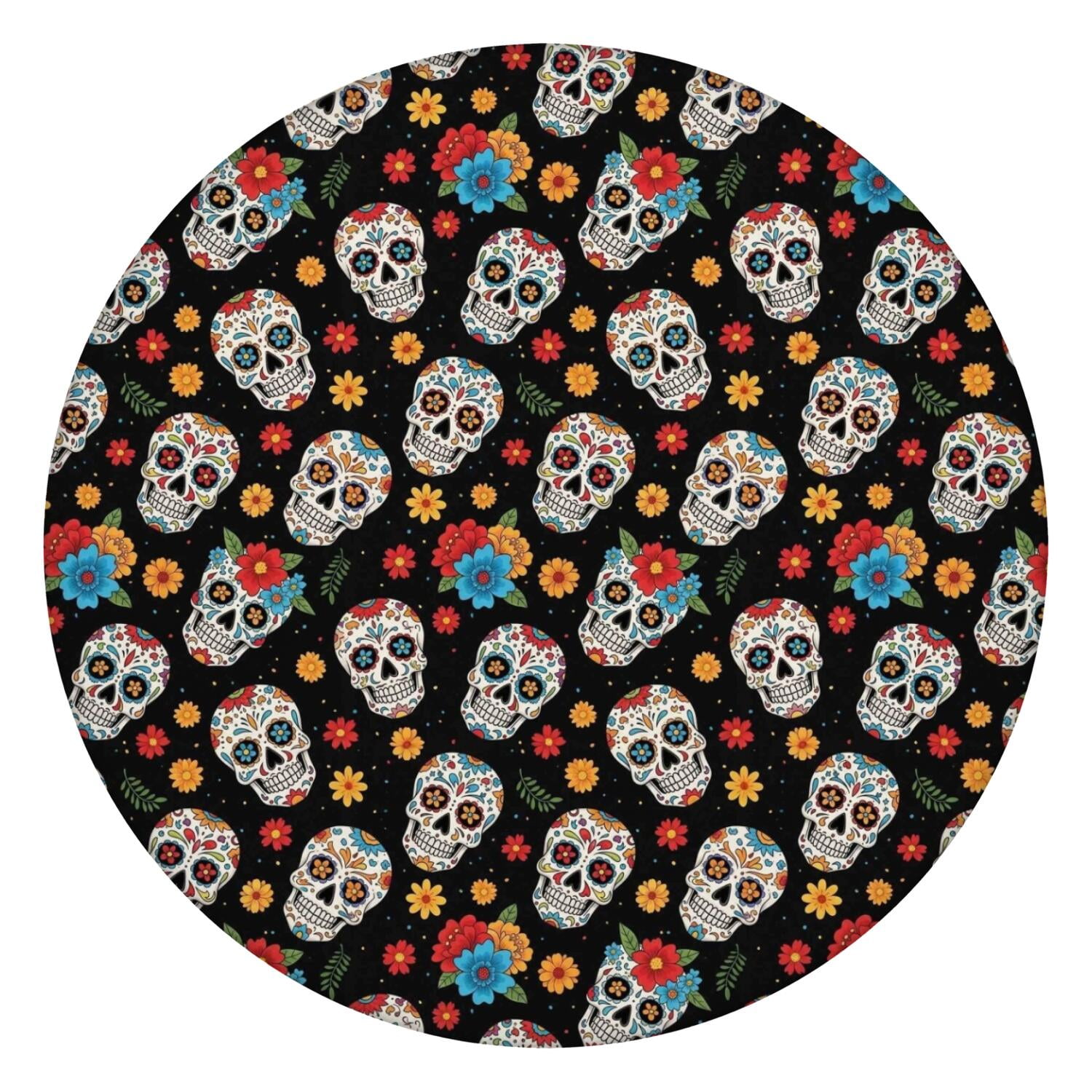 Black Colorful Skull Flower Pattern Round Fitted Tablecloth with ...