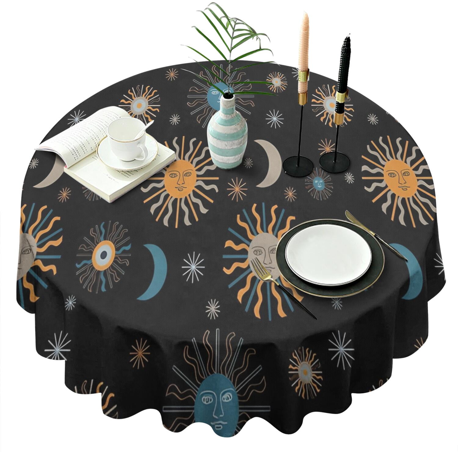 Black Colorful Sun Moon Star Pattern Round Tablecloth 60"x60",Wrinkle ...