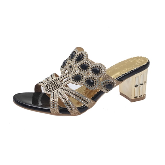 Black Comfortable High Heel Slippers For Ladies Rhinestone Flower ...