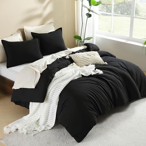 Black Comforter Full Size, 3 Pieces Boho Lightweight Solid Bedding ...