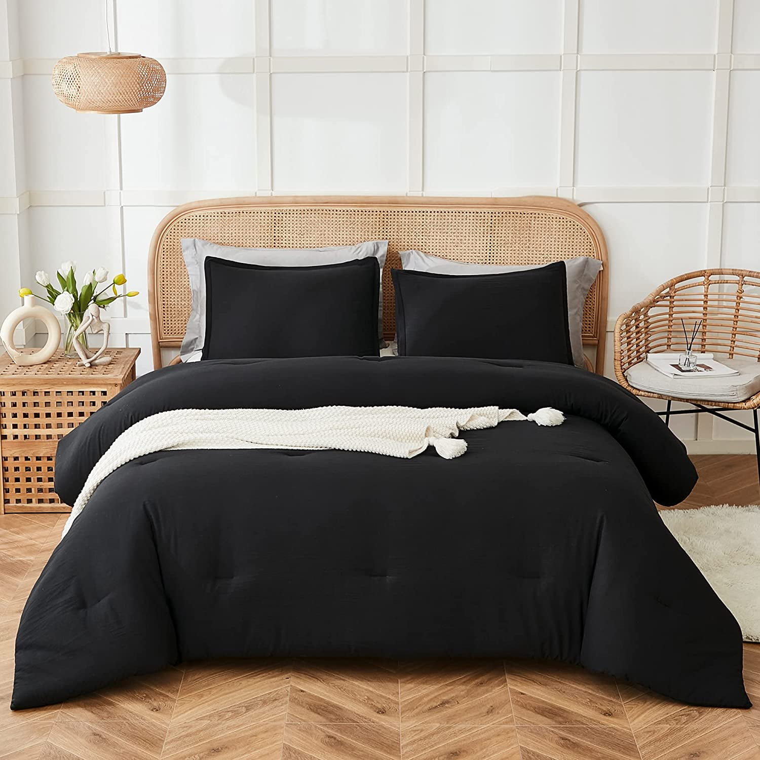 Black Comforter King Size, 3 Pieces Boho Lightweight Solid Bedding Set ...