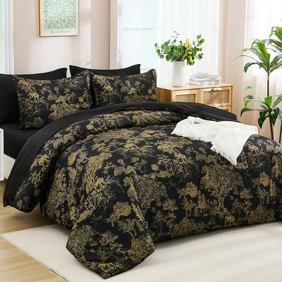Black Comforter Set , 7 count Black and Botanical Comforters Bed in a ...