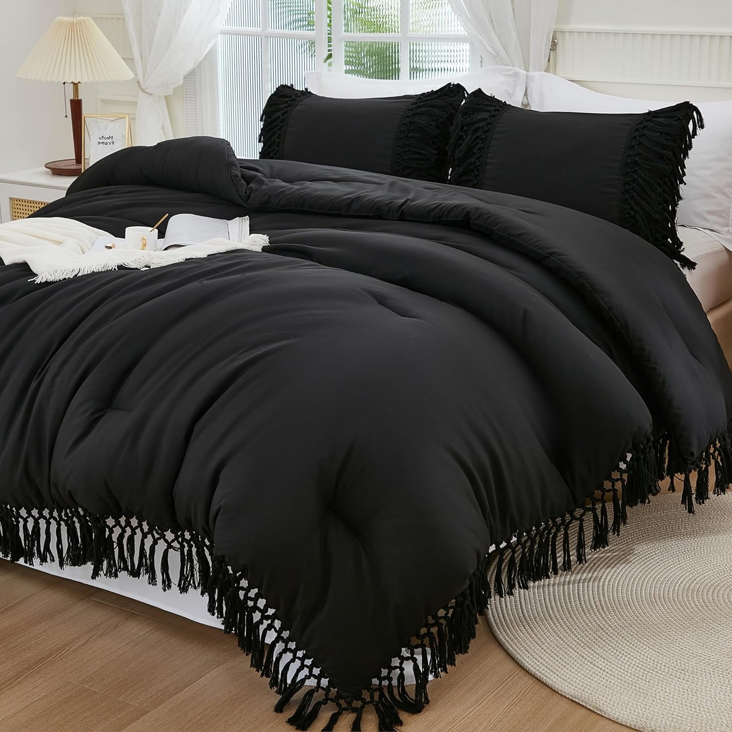 Black Comforter Set King, 3 Pieces Boho Tassel Lightweight Soft Bedding ...