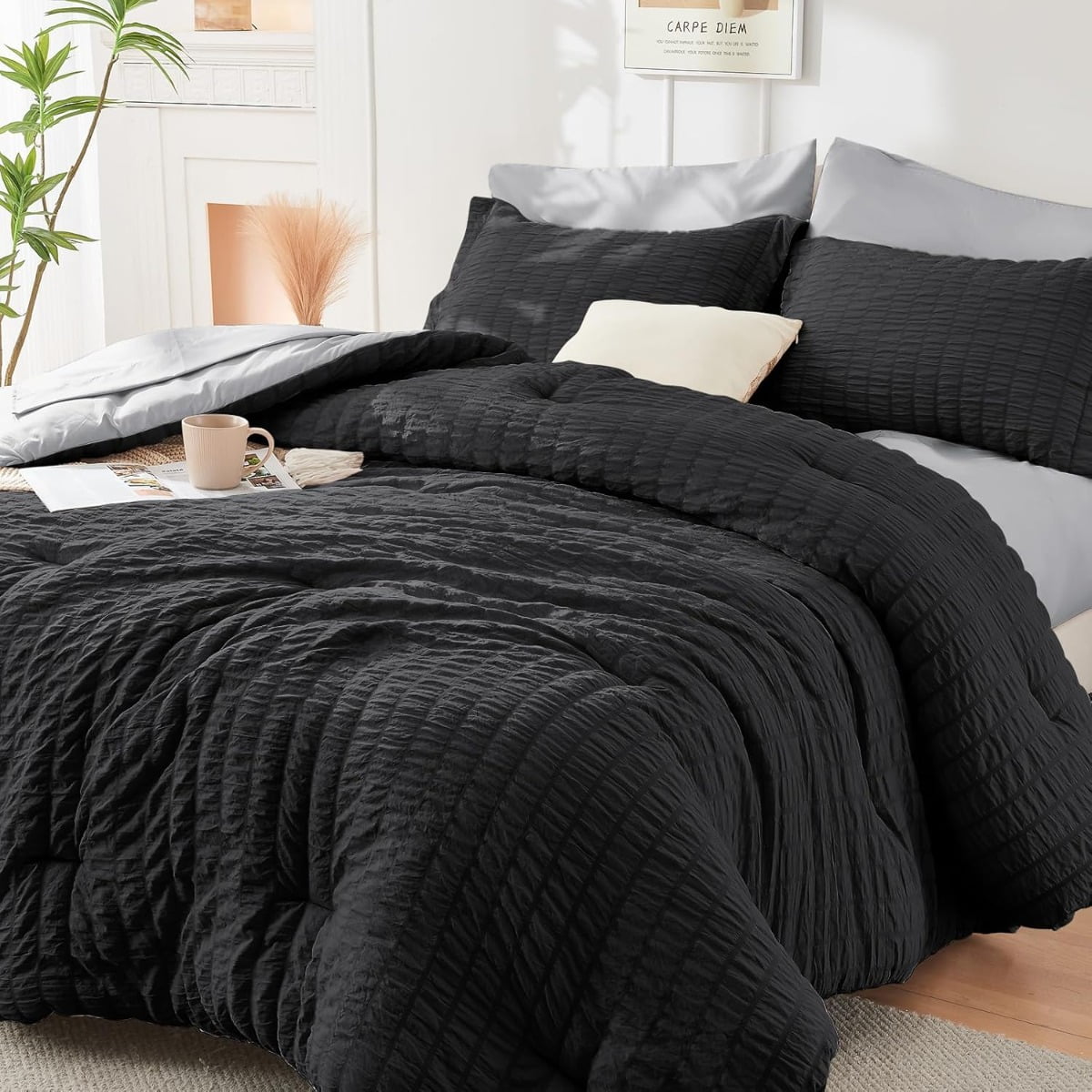 Black Comforter Set Seersucker 7 Pieces, All Season Luxury Bed in a Bag ...