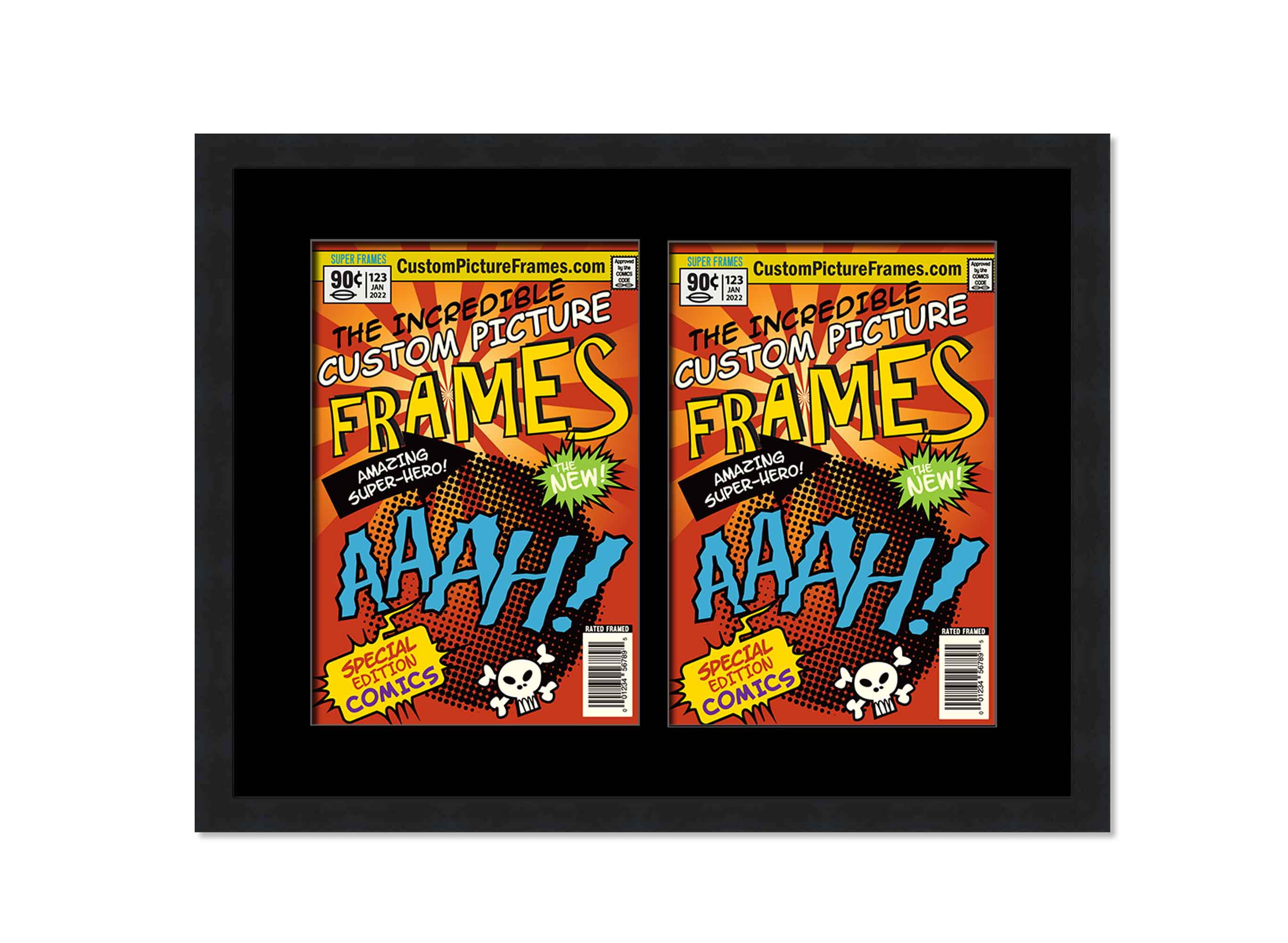 Black Comic Book Frame with Black Mat - 2 Openings to Display 2 6.875 ...