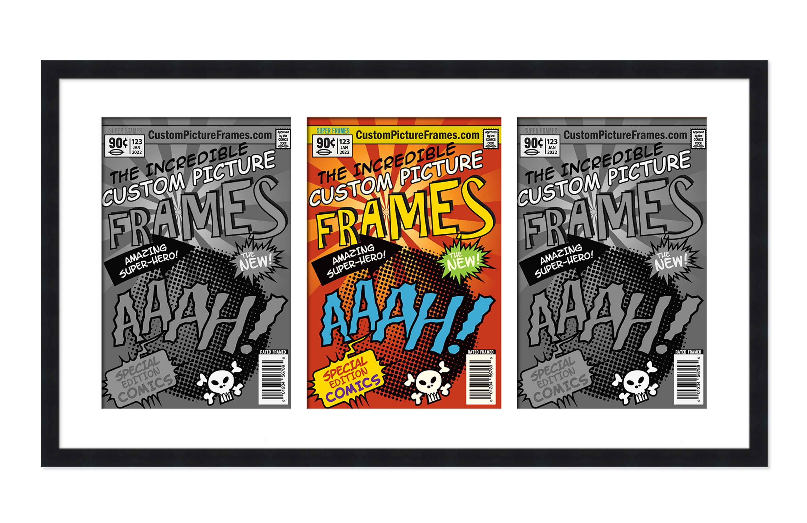 Black Comic Book Frame with White Mat - 3 Openings to Display 3 7.25 ...