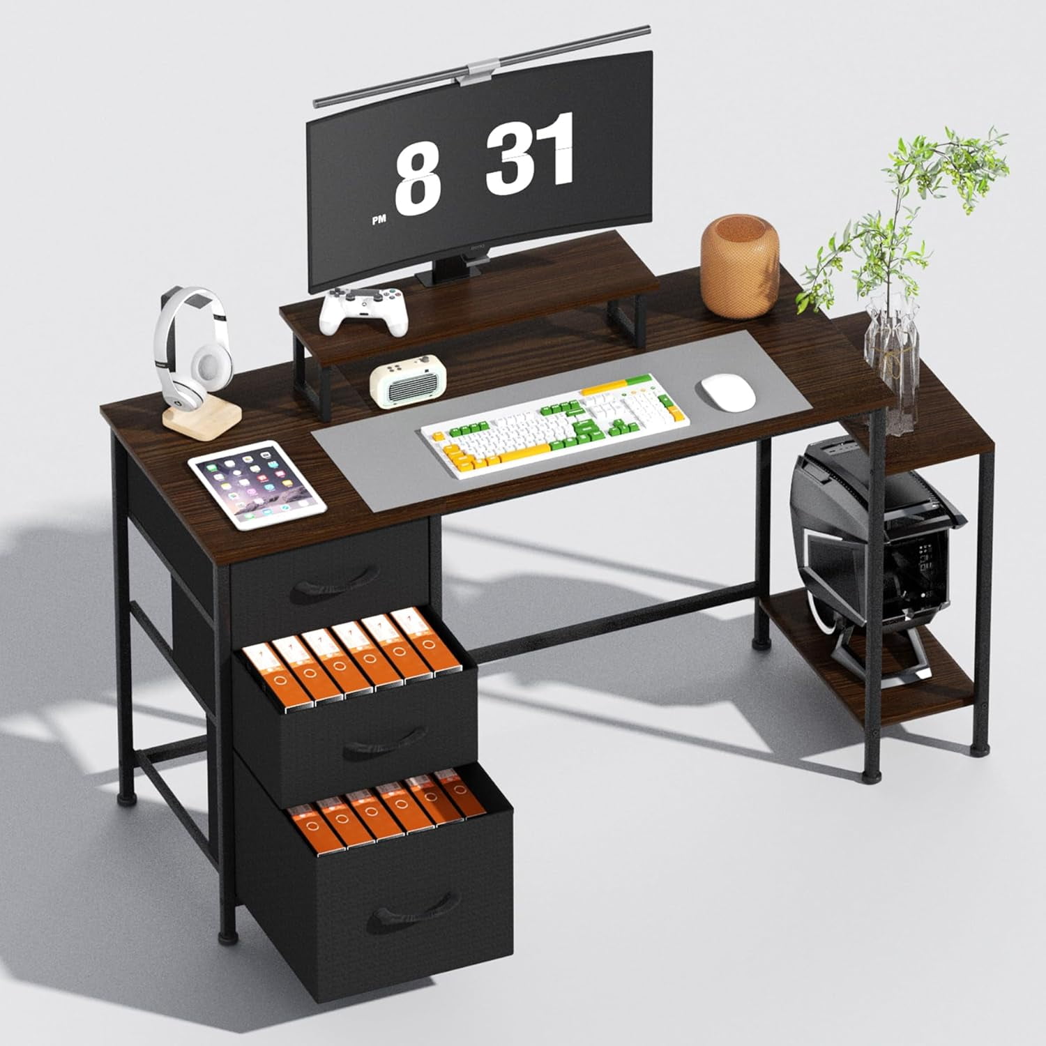 Black Computer Desk, 47" Home Office Desk with Monitor Stand & Storage ...