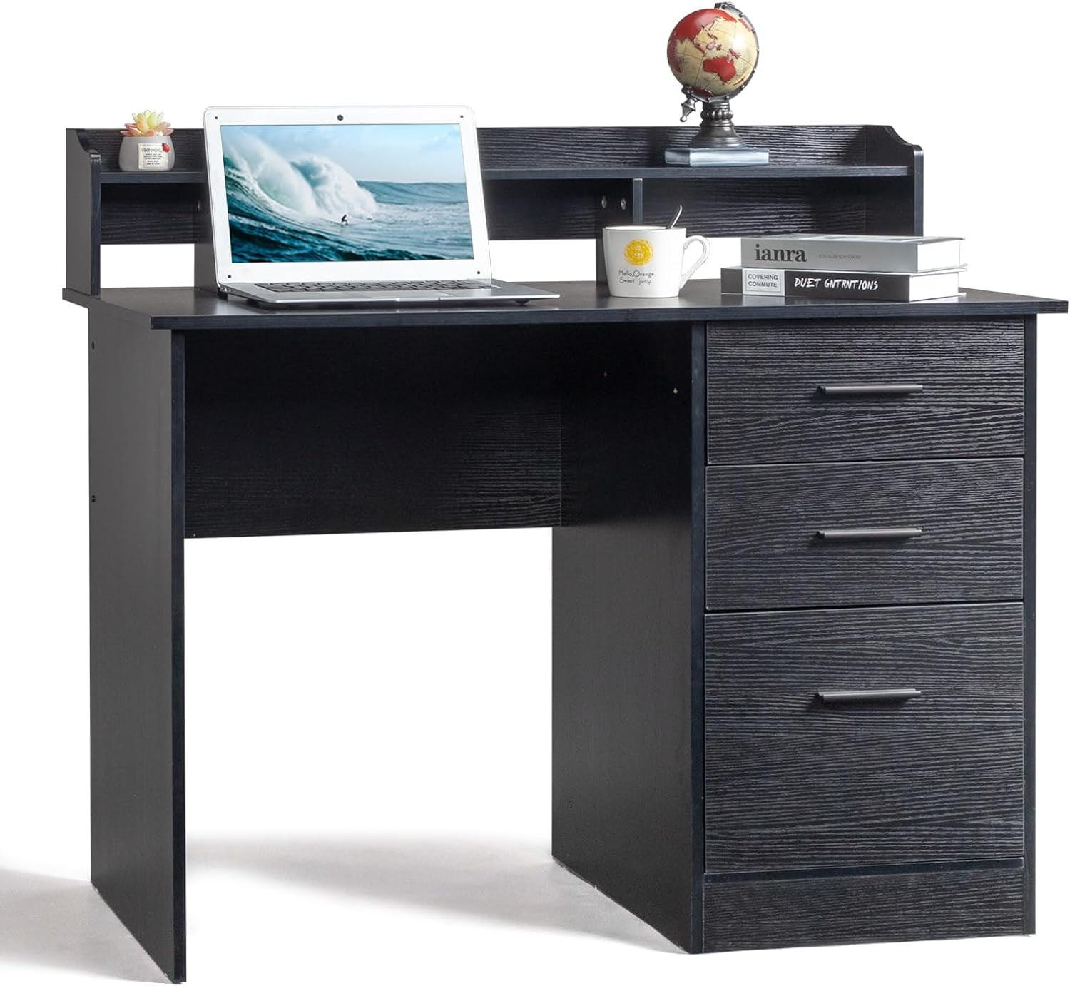 Black Computer Desk with Drawers ＆ Desktop Hutch, Modern Work Study ...