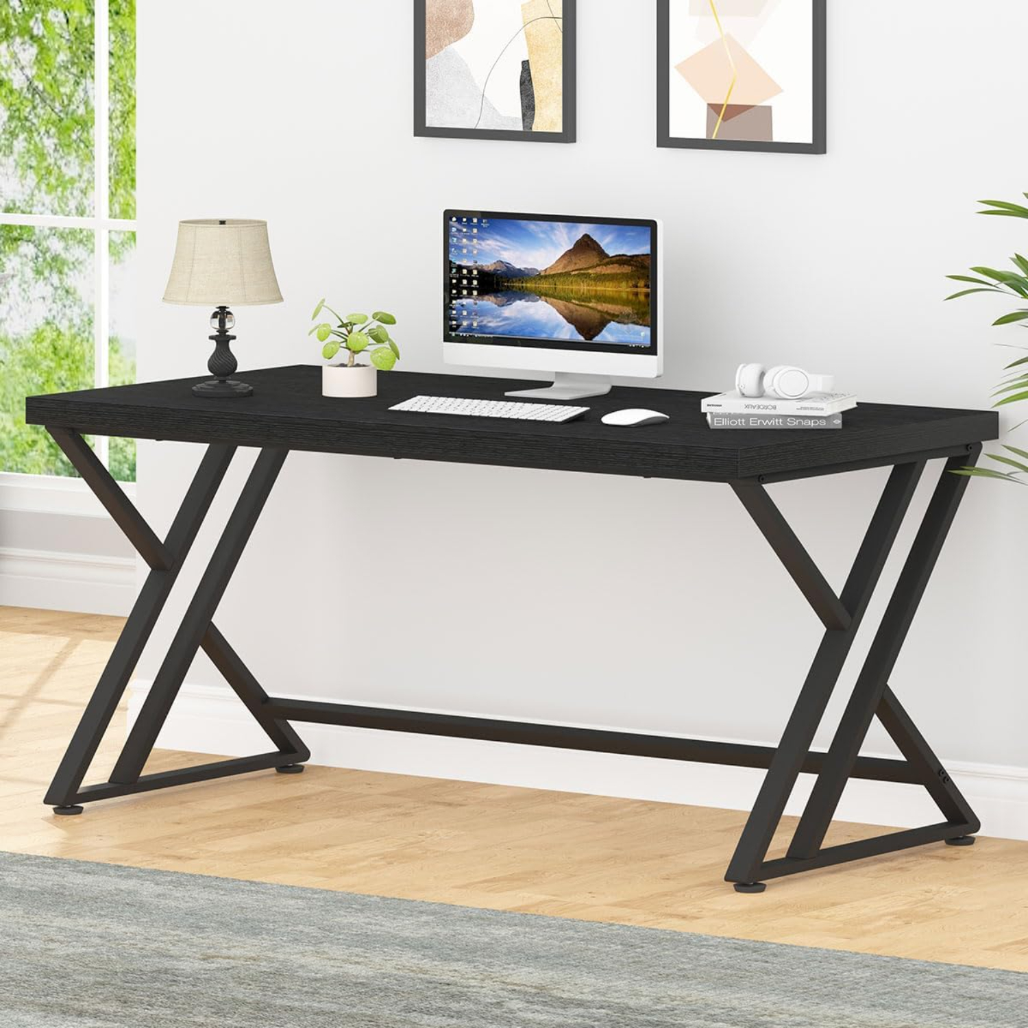 Black Computer Desk Modern Gaming PC Writing Desk for Home Office Metal ...