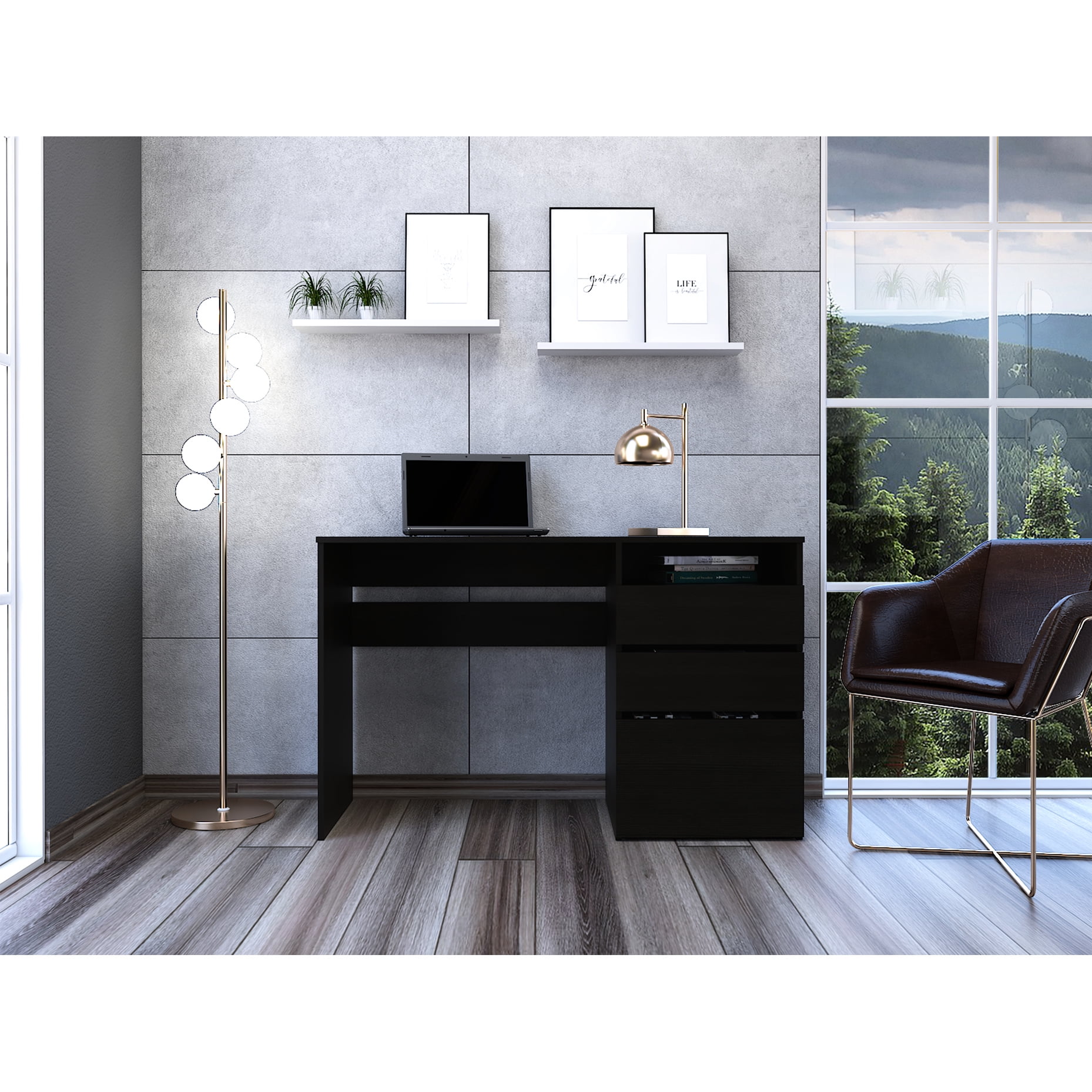 Black Computer Desk - Rectangular With Three Drawers & Shelf Unit ...