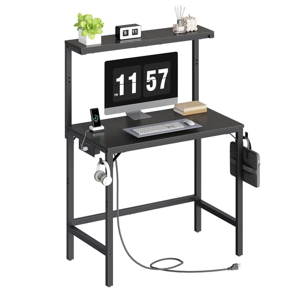 Black Computer Desk With Built-In Power Outlet, Adjustable Monitor ...