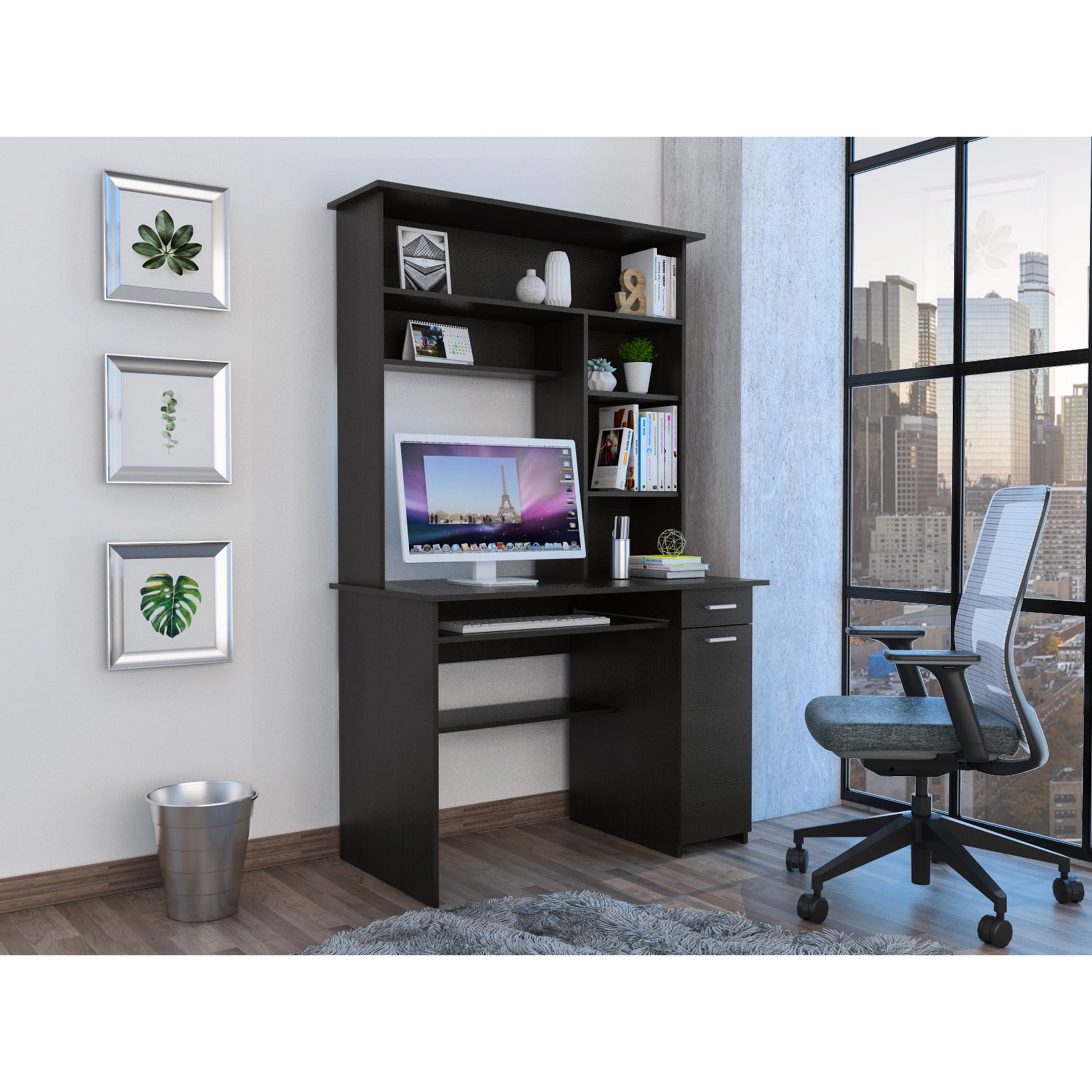 Black Computer Desk With Functional Design: , Multiple Shelves ...