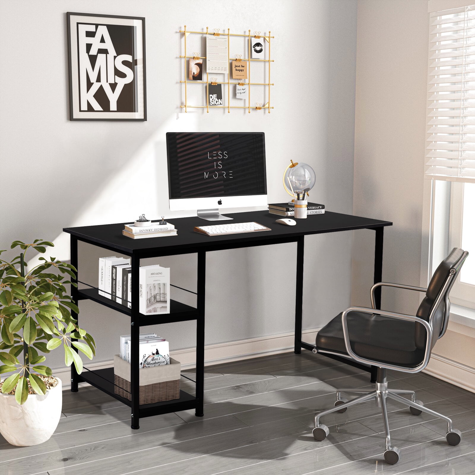 Black Computer Desk with 2 Tiers Shelf, Wood Table, Side Rack - Living ...