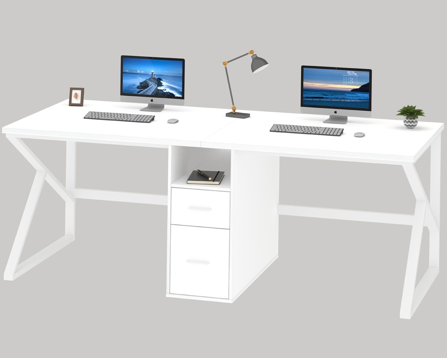 Black Computer Table with File Drawer 79" Gaming Writing 2 Person Desk ...