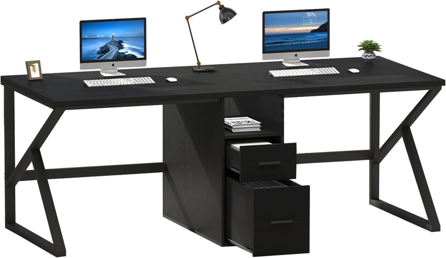 Black Computer Table with File Drawer, 79" Gaming Writing 2 Person Desk ...