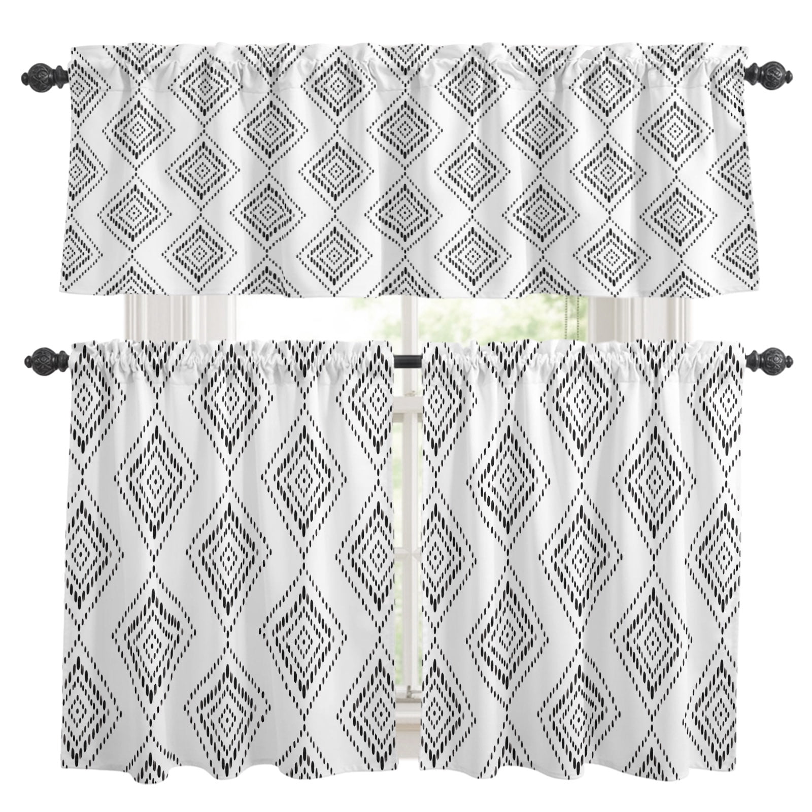 Black Concentric Diamond Kitchen Curtains Valances 3 Piece Set, Modern ...