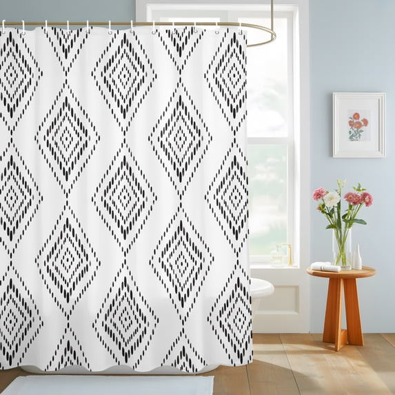 Black Concentric Diamond Shower Curtain, Modern Abstract Geometric ...