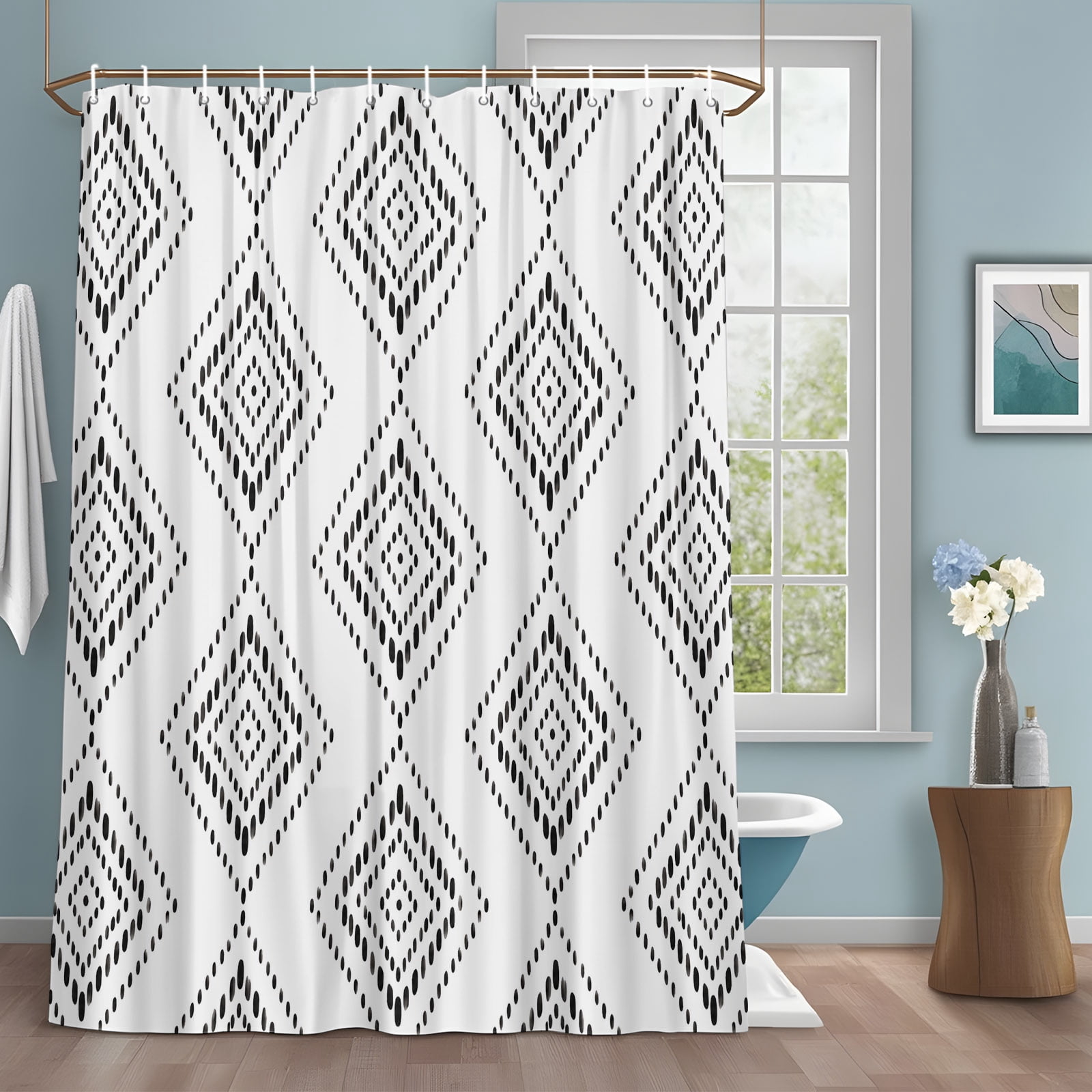 Black Concentric Diamond Shower Curtain Set with Hooks, Modern Abstract ...