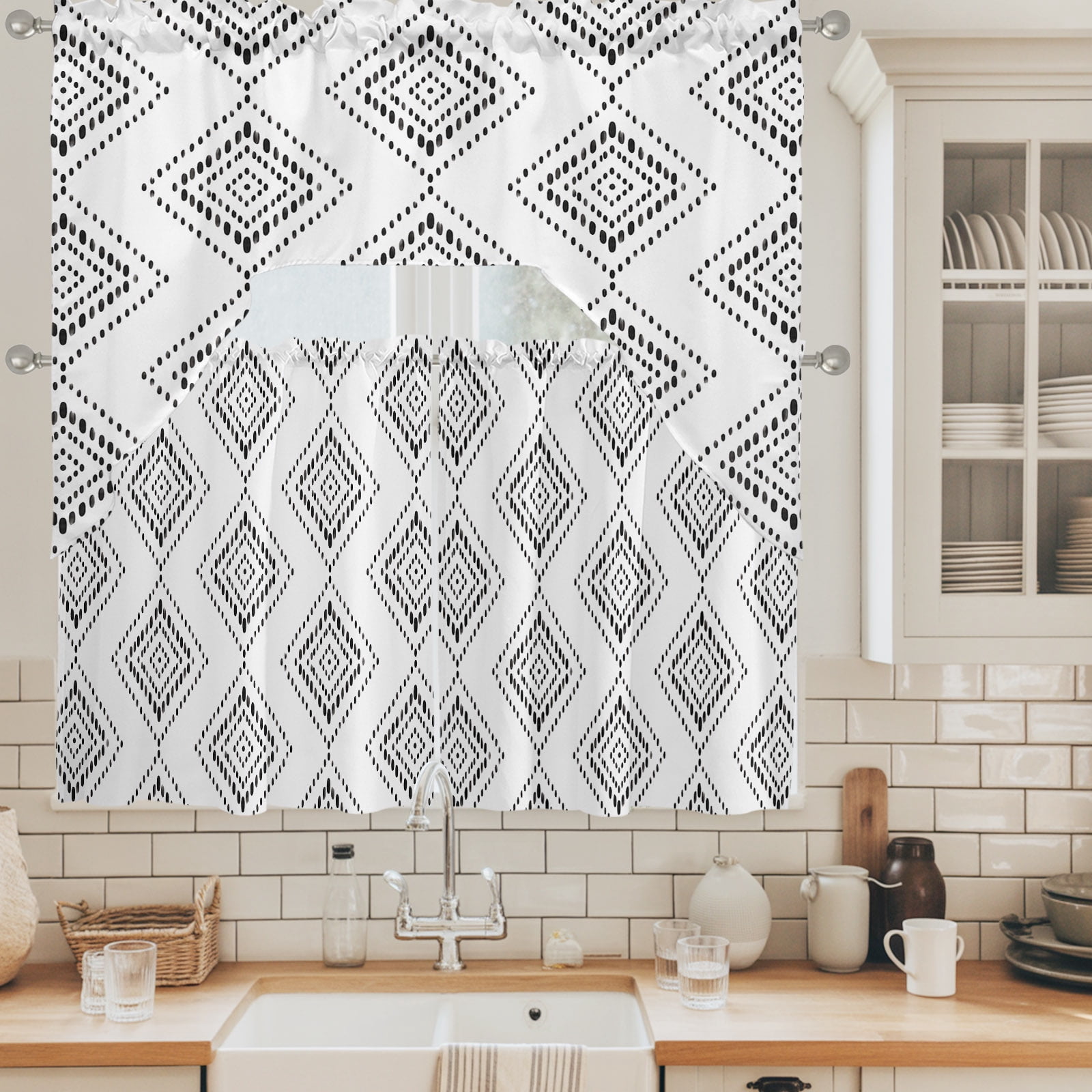Black Concentric Diamond Swag Curtains Valance and Tier Set, Modern ...