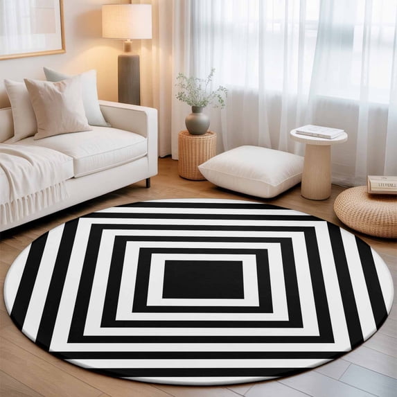 Black Concentric Squares 4' Round Rug for Cozy Reading Nook Home Office ...