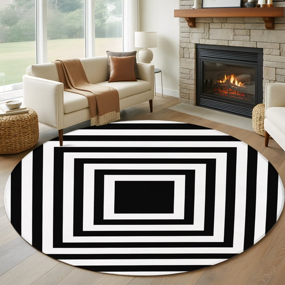Black Concentric Squares 8FT Round Area Rugs for Living Room Modern ...