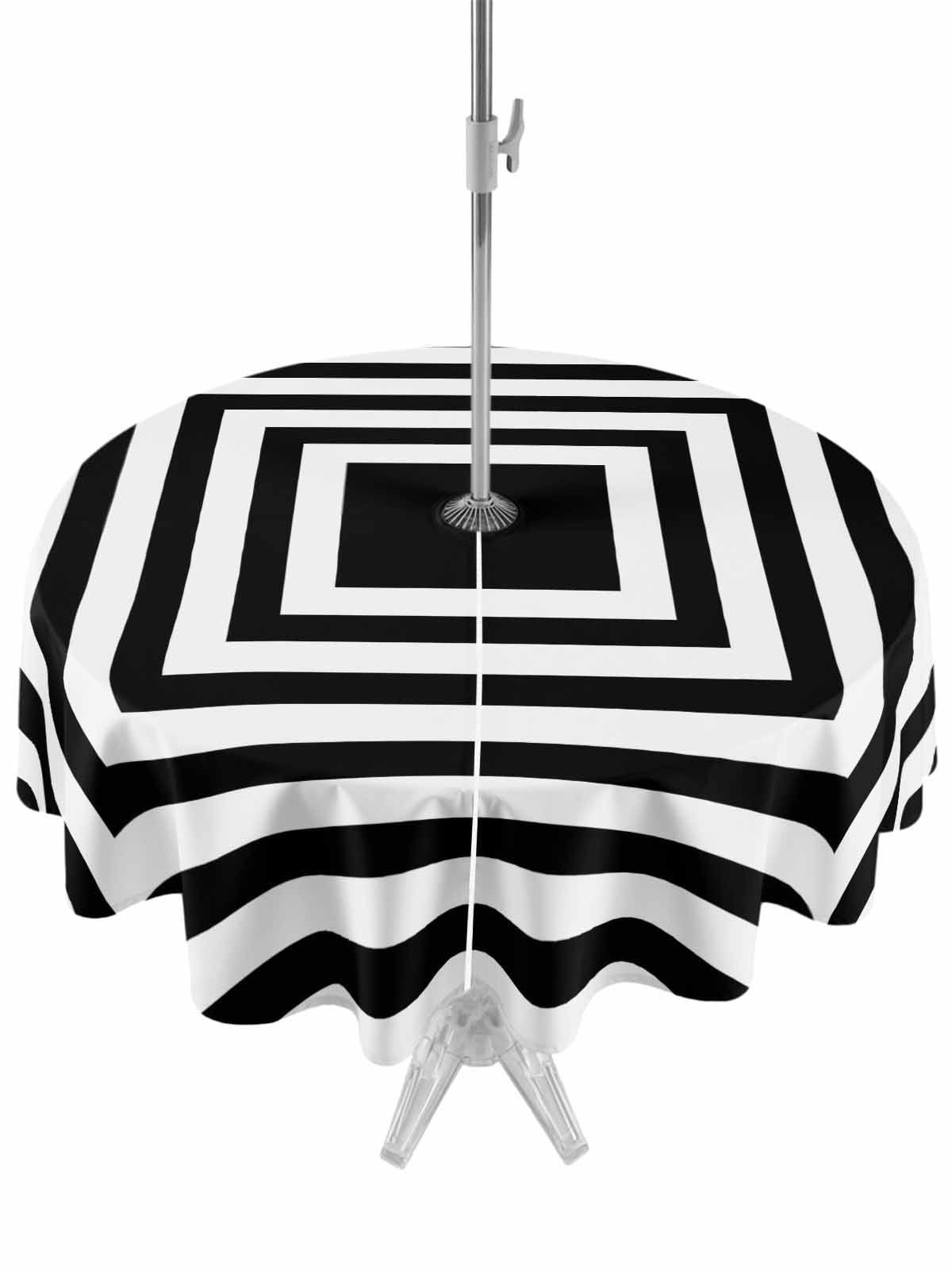 Black Concentric Squares Round Outdoor Tablecloth with Umbrella Hole ...