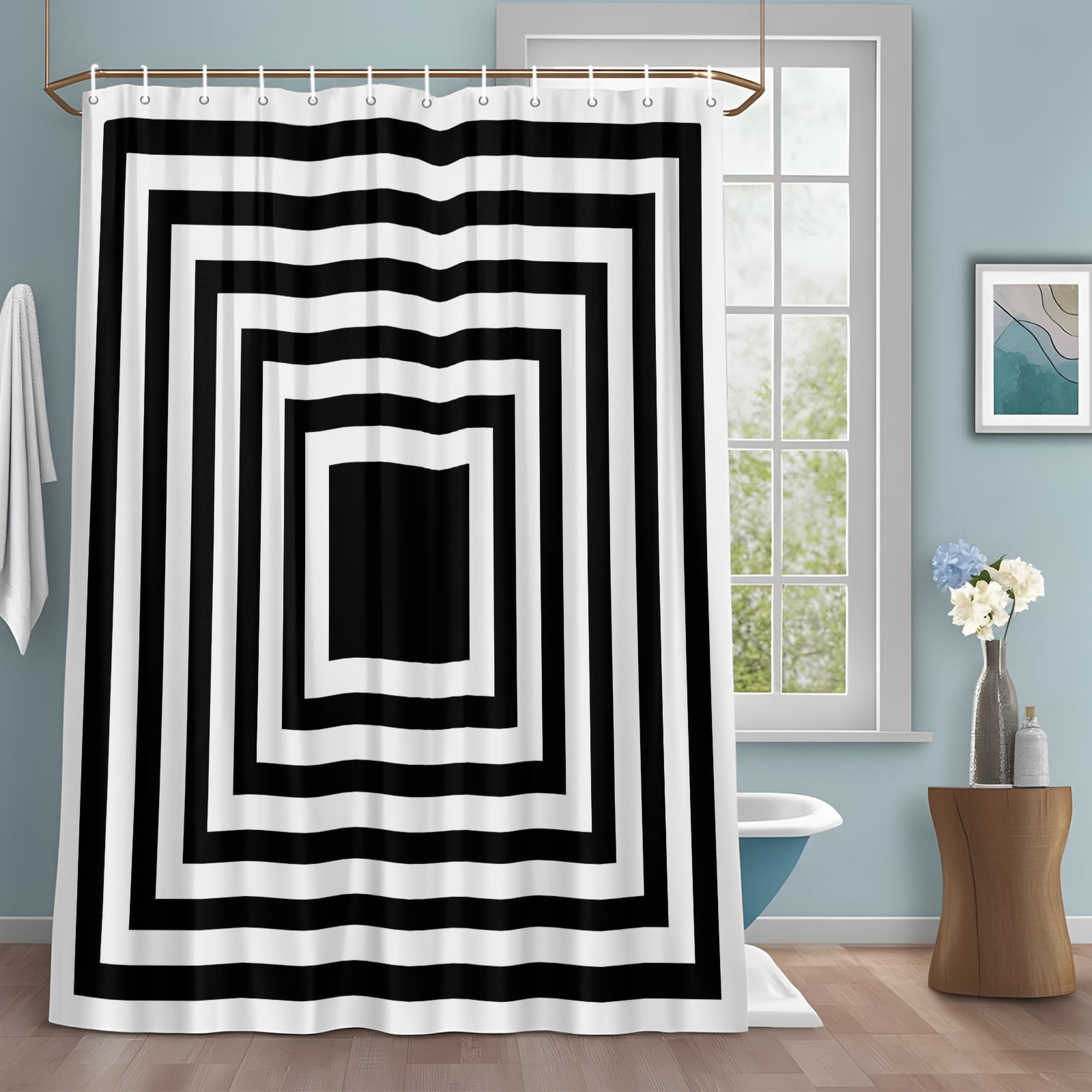 Black Concentric Squares Shower Curtain Set with Hooks, Modern Abstract ...