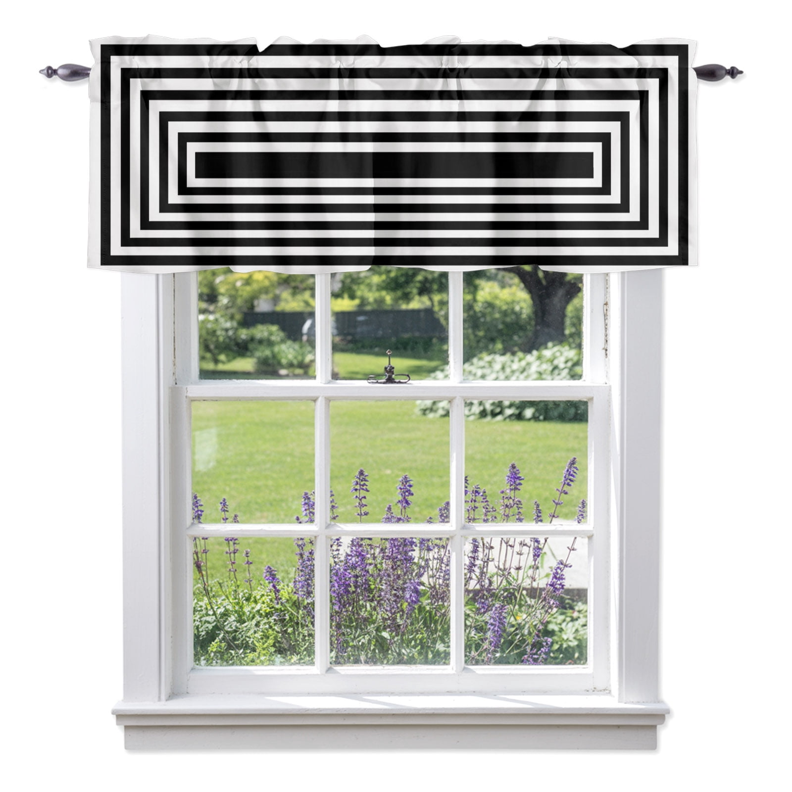 Black Concentric Squares Valance Curtain 1 Panel, Modern Abstract ...