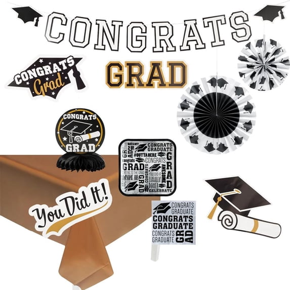Black Congrats Rad Grad Party Disposable Tableware Kit for 16 Guests ...