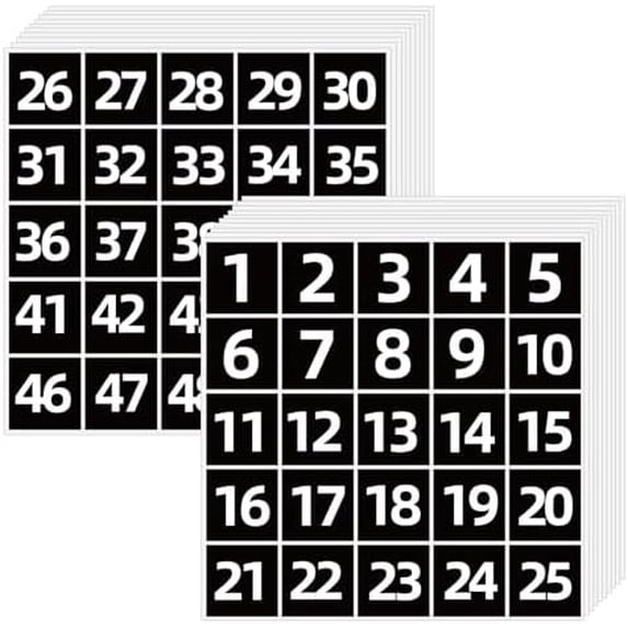 Black Consecutive Number Stickers 1-50, 1.5 inch Square Self Adhesive ...