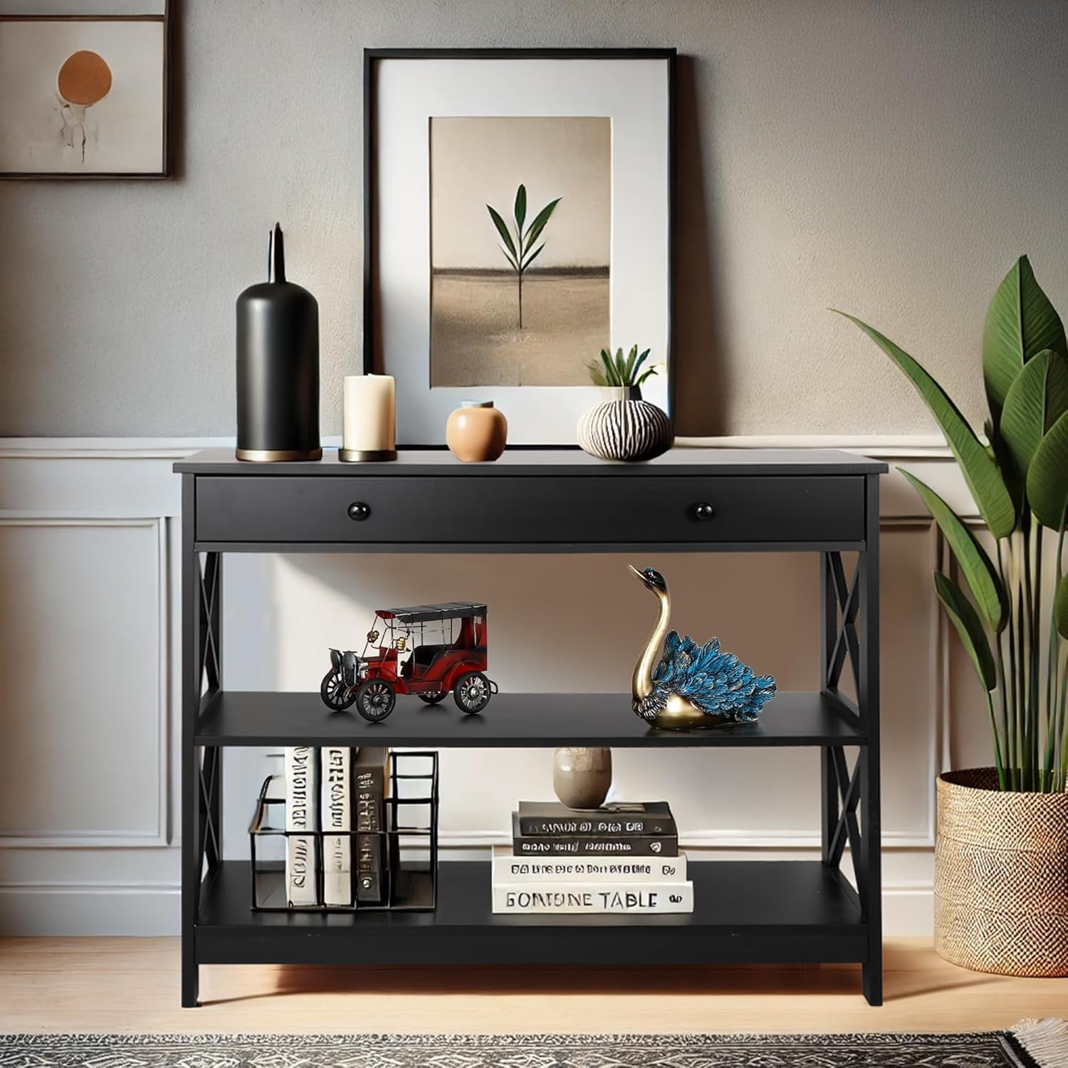 Black Console Table, 3-Tier 40 Inch Entryway Table Hallway Table Long ...