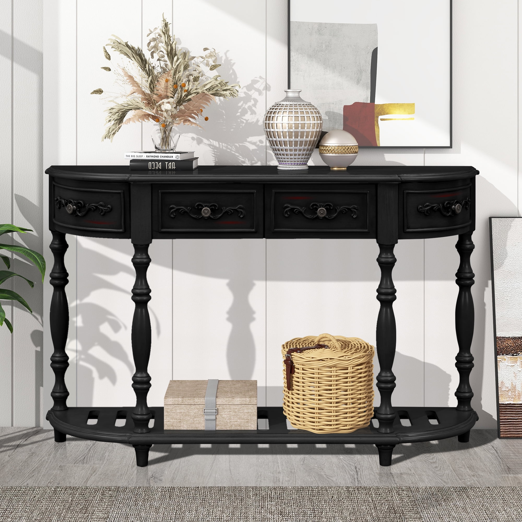 Atumon Black Console Table, 4 Drawers, Wood, Curved Design, Entryway ...