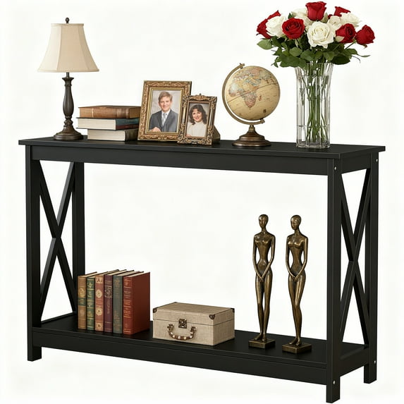 Black Console Table 42'' Entryway Table X-Design with Shelf Living Room ...