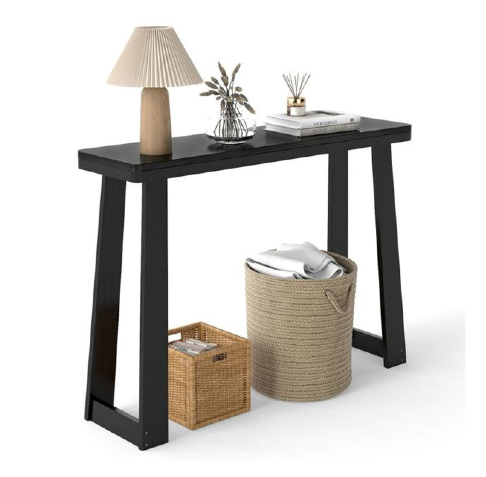 Black Console Table, 43" Narrow Entryway Table - Solid Rubber Wood Sofa ...