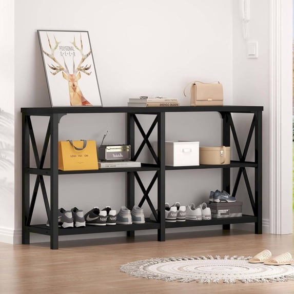 Black Console Table, Modern 3-Tier Entryway Table with Wood and Metal ...