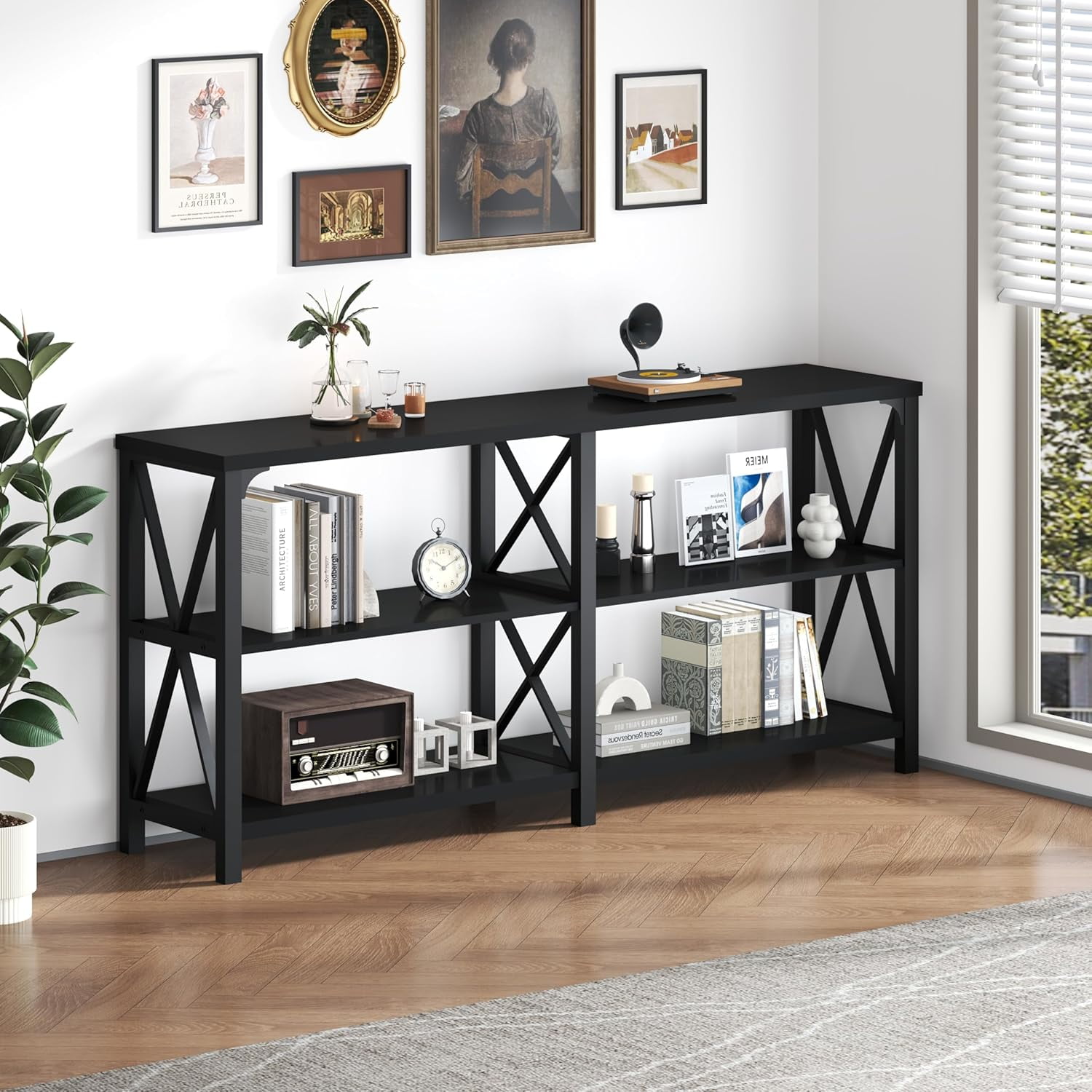 Black Console Table, Modern Industrial Sofa Table with 3 Tier Storage ...