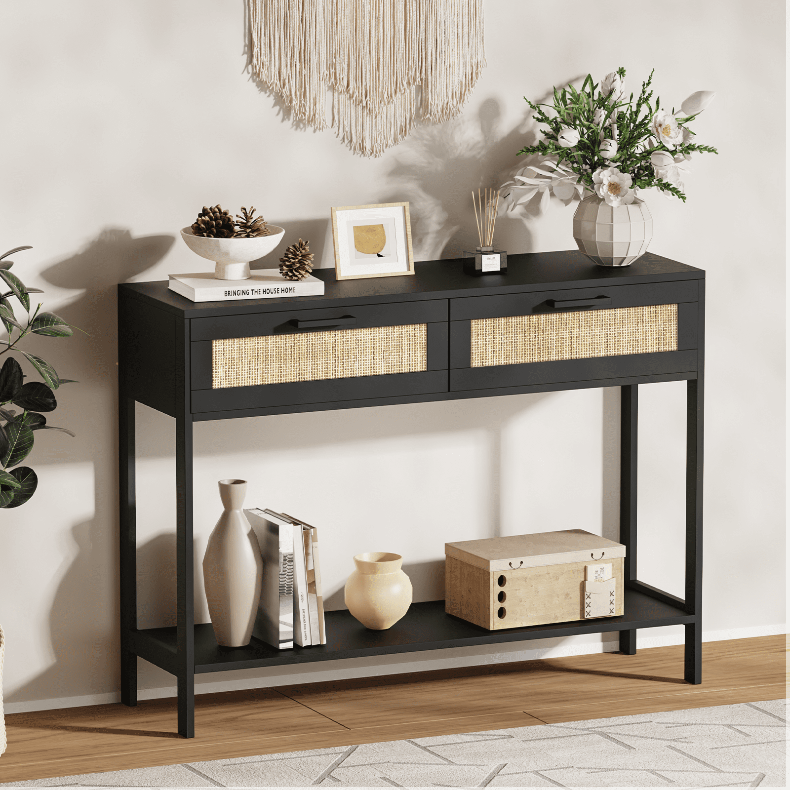 Black Console Table with Rattan Drawers - Boho Rattan Entryway Table ...