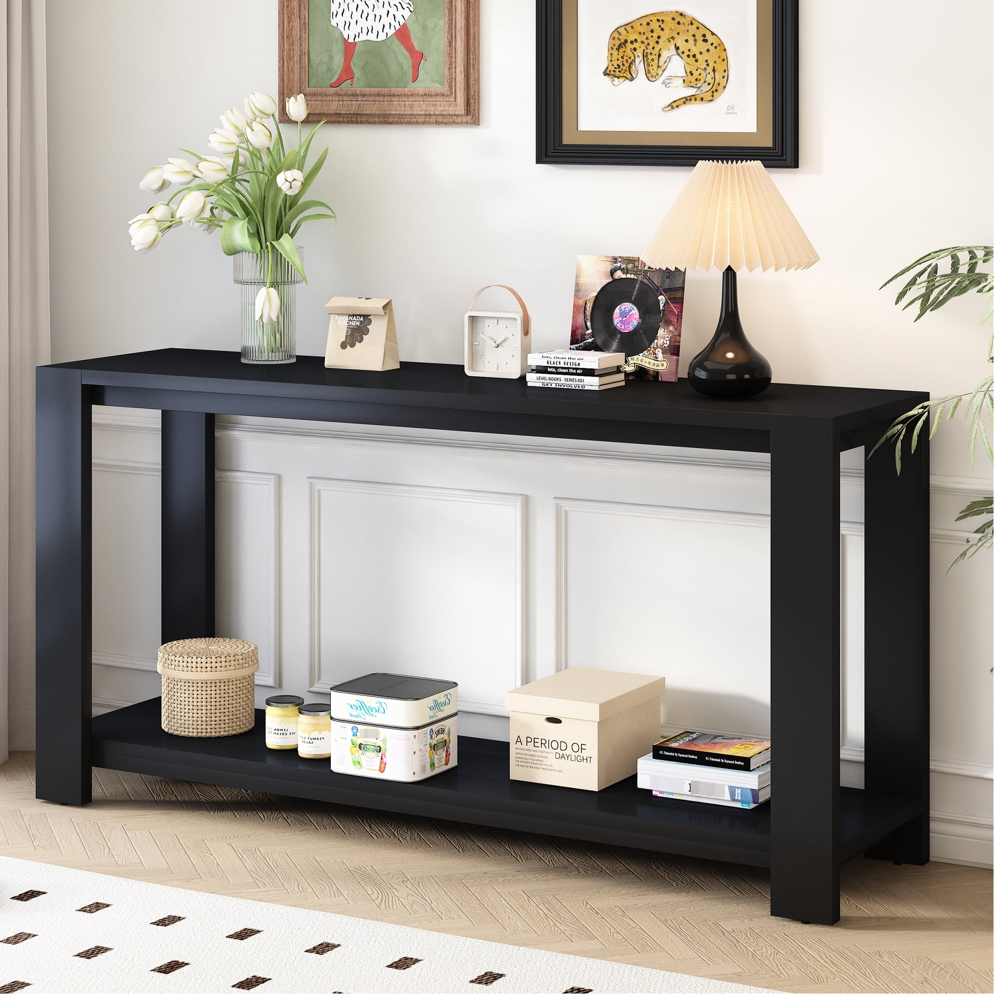 Black Console Table With Construction And Bottom Storage Shelf For Home ...