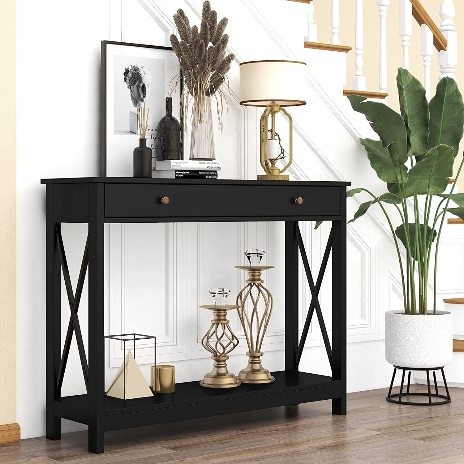 Black Console Table with Drawer and Storage Shelves, Foyer Sofa Table ...