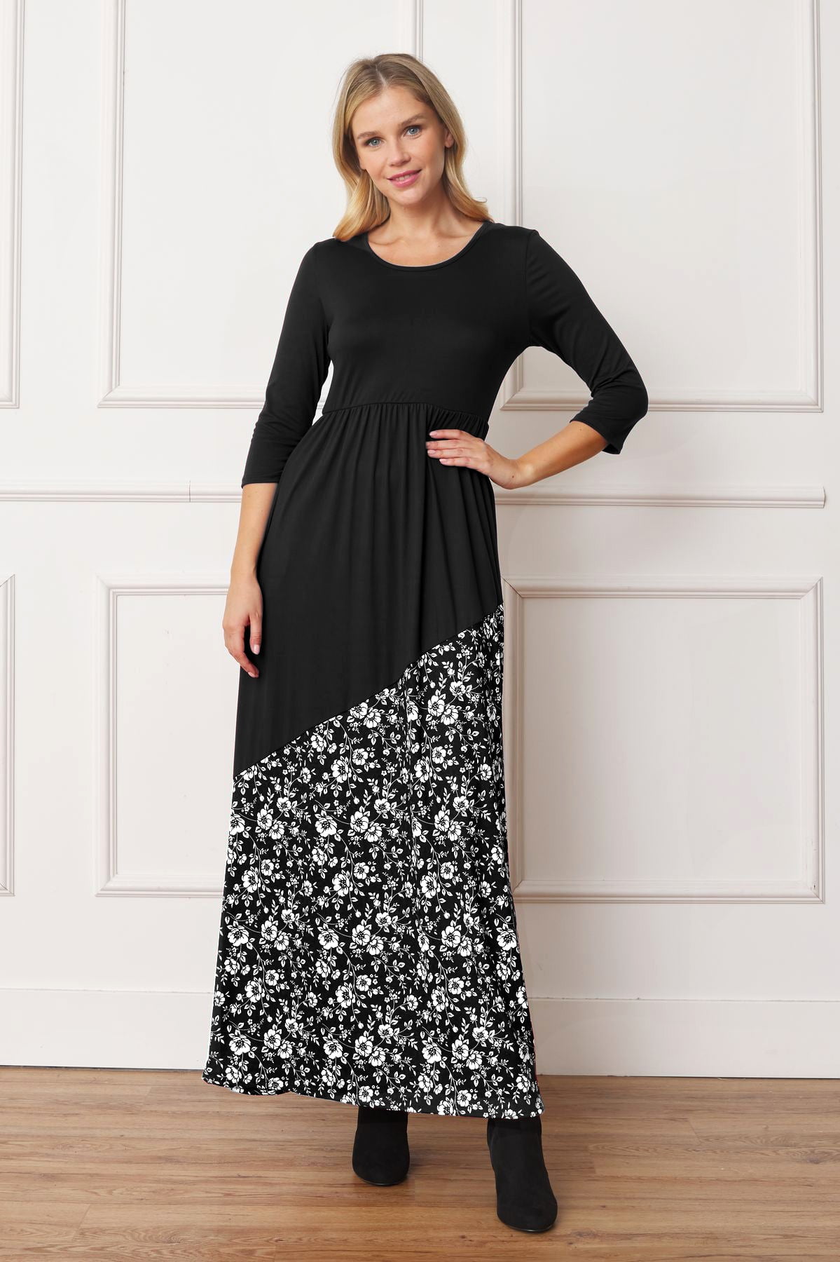 Black Contrast Asymmetrical Floral Accent 3/4 Sleeve Maxi Dress ...