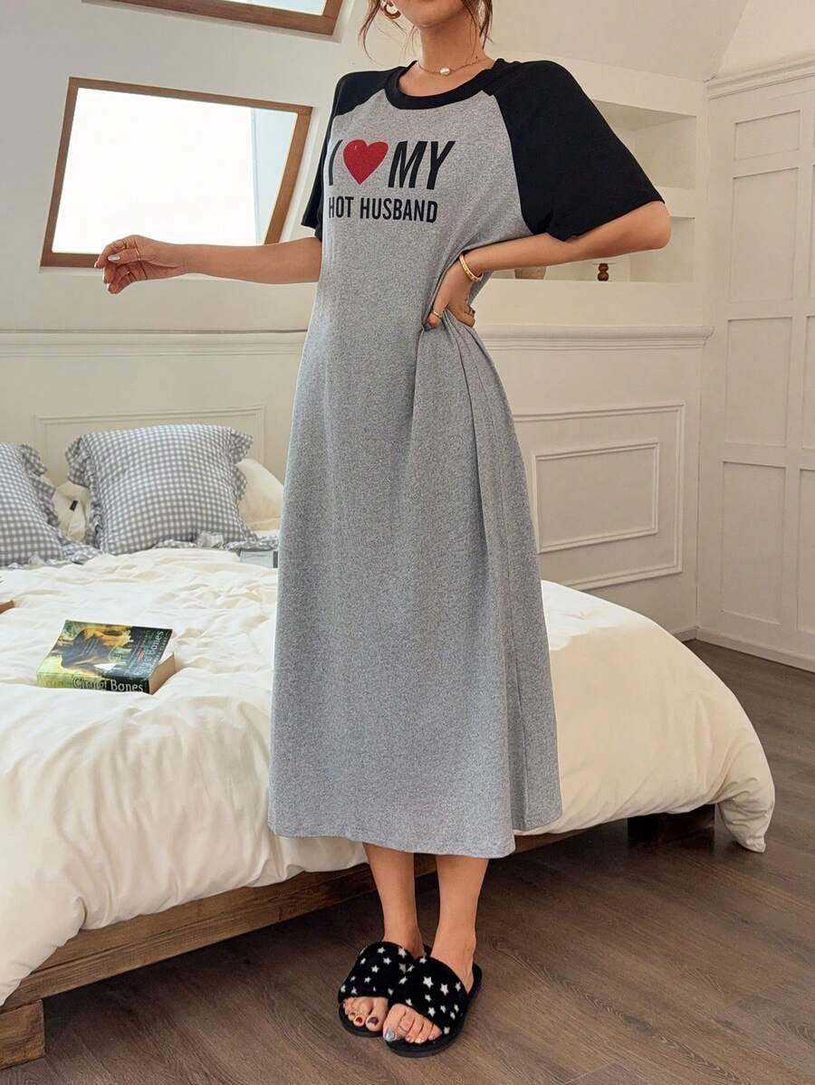 Black Contrast Raglan Short Sleeve Knit Crew Neck Sleep Dress - Walmart.com