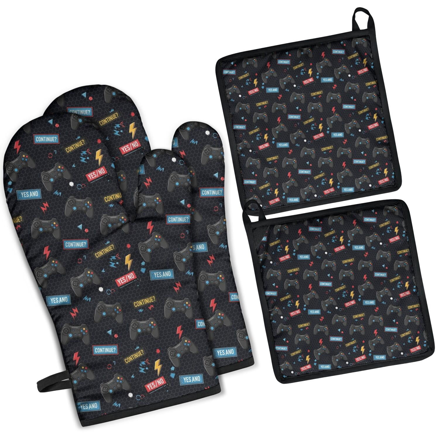 Black Controllers Games Labels Black Pattern Kitchen Oven Mitt and Pot ...