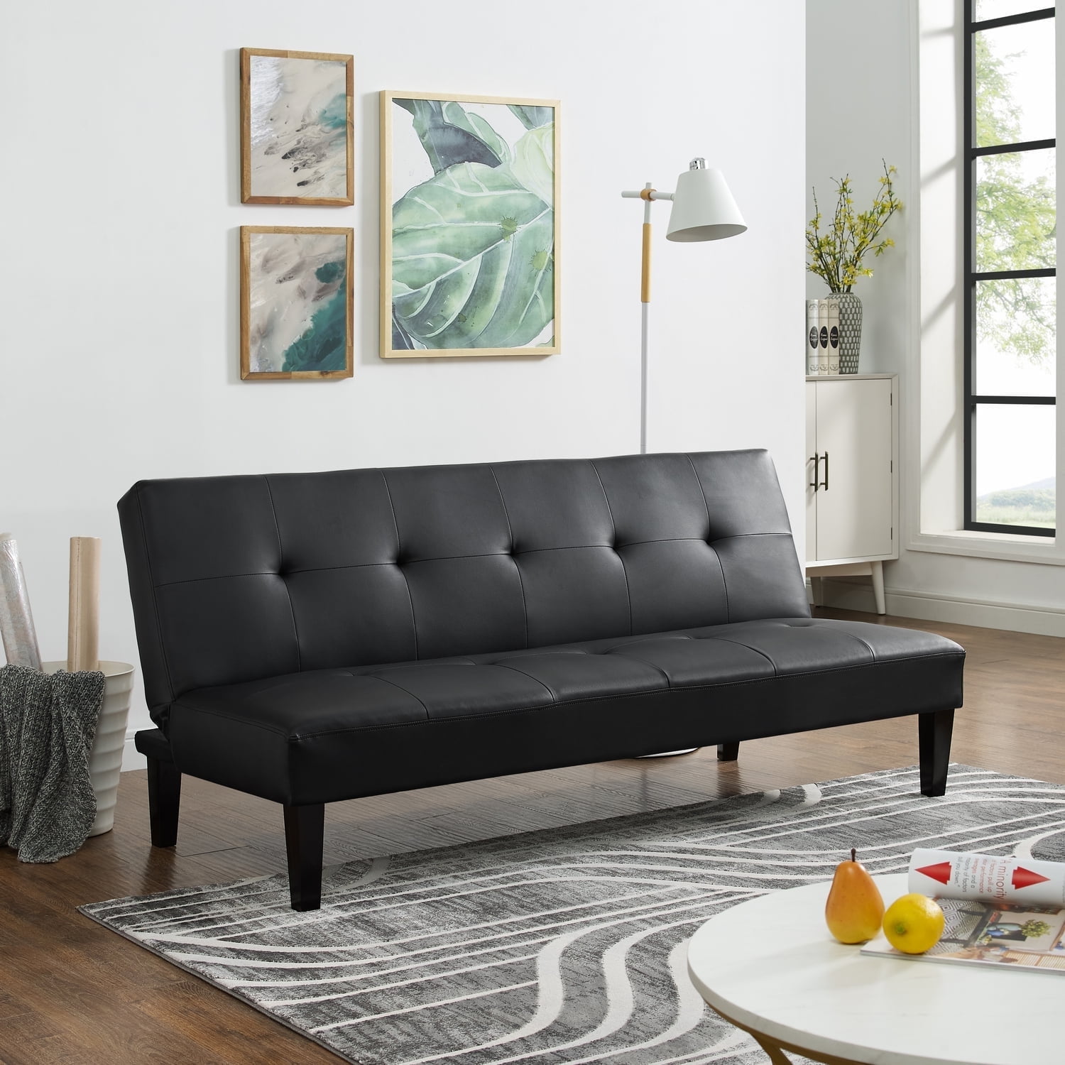 Naomi Home Black Convertible Futon Sofa for Small Living Room, Modern ...