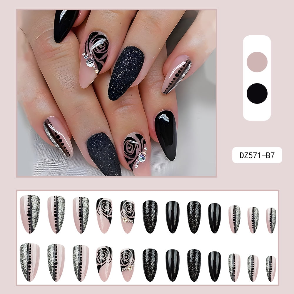 Black Cool Fake Nails Halloween Bat Press on Nails Almond Decorated ...