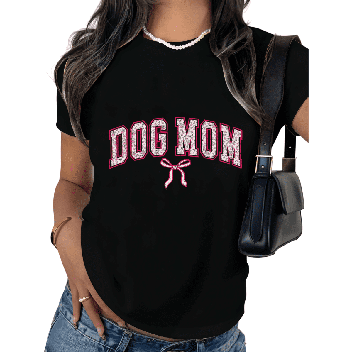 Black Coquette Pink Bow Dog Mom College Font Tshirt Graphic Tees Shirts ...